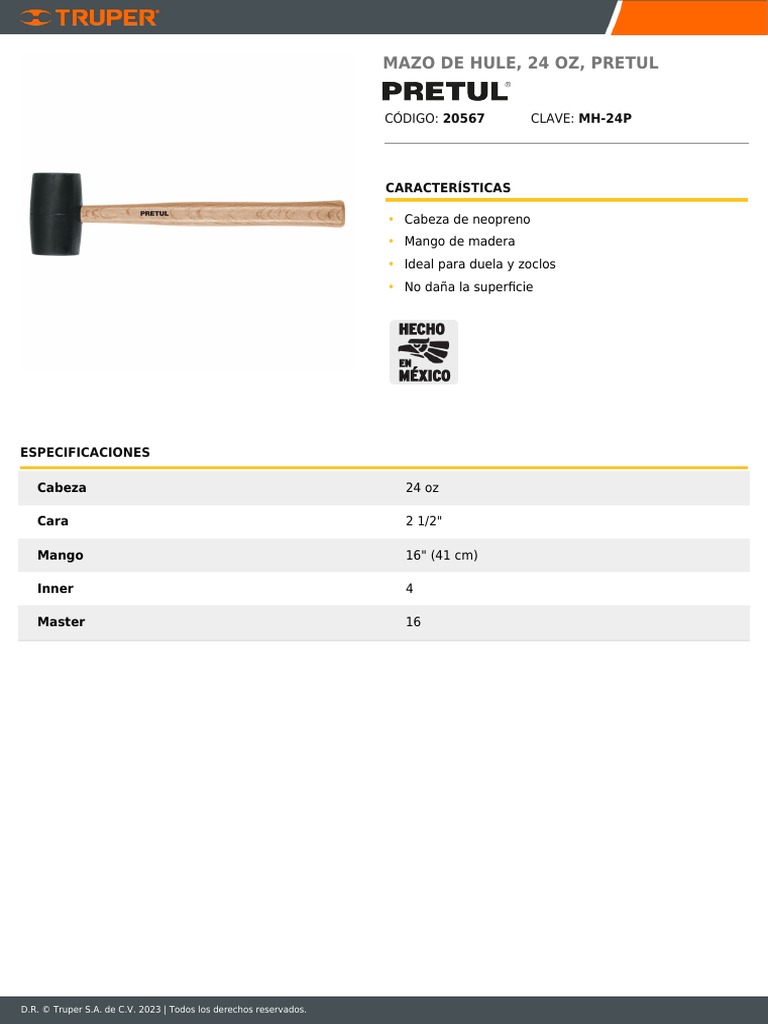 Mazo de Hule, 24 Oz, Pretul: Características | PDF