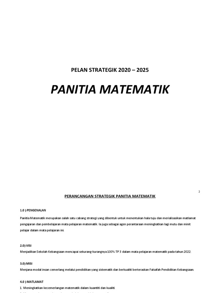 Pelan Strategik Panitia Matematik 2020 | PDF