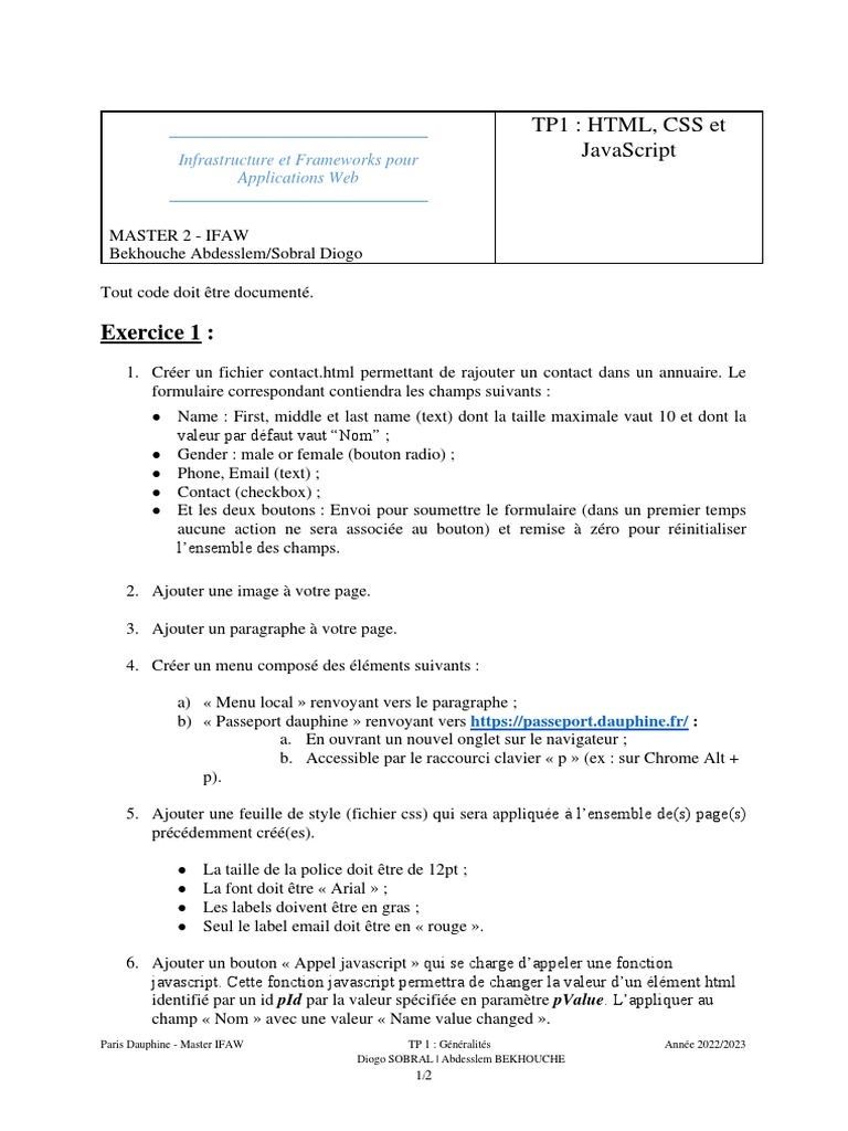 Dauphine 2022 2023 Master2 MIAGE IFAW TP1 HTML CSS JavaScript 20221007 ...