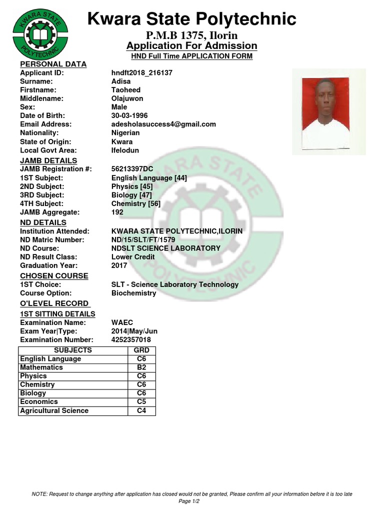 Kwara Poly HND Application | PDF