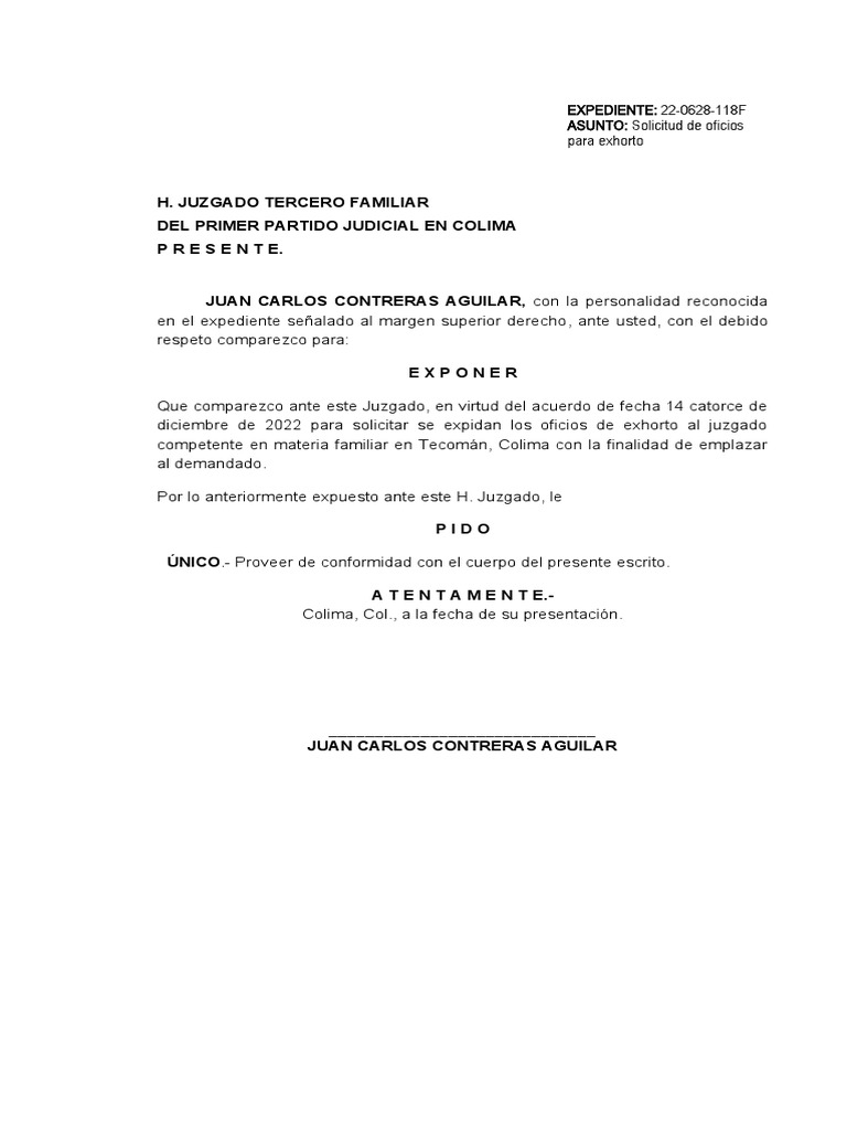 Solicitud de exhorto para Tecomán | PDF Solicitud de exhorto para Tecomán | PDF