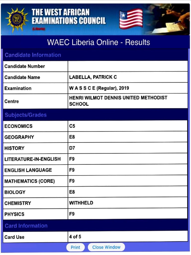 WAEC Liberia 2019 Results for Patrick C Labella | PDF