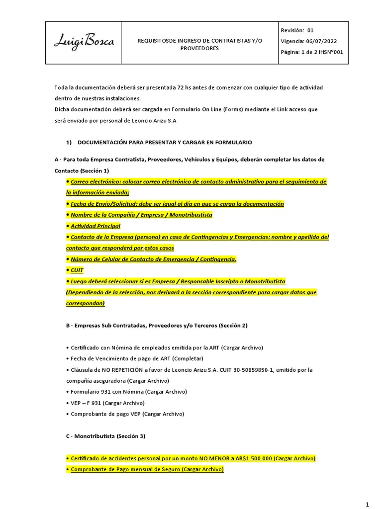 Requisitos para Contratistas y Proveedores | PDF | Finanzas y dinero
