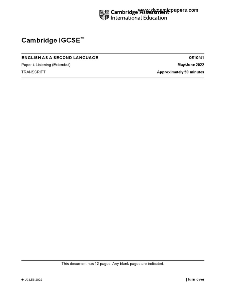 Cambridge IGCSE: English As A Second Language 0510/41 | PDF | Seat Belt ...