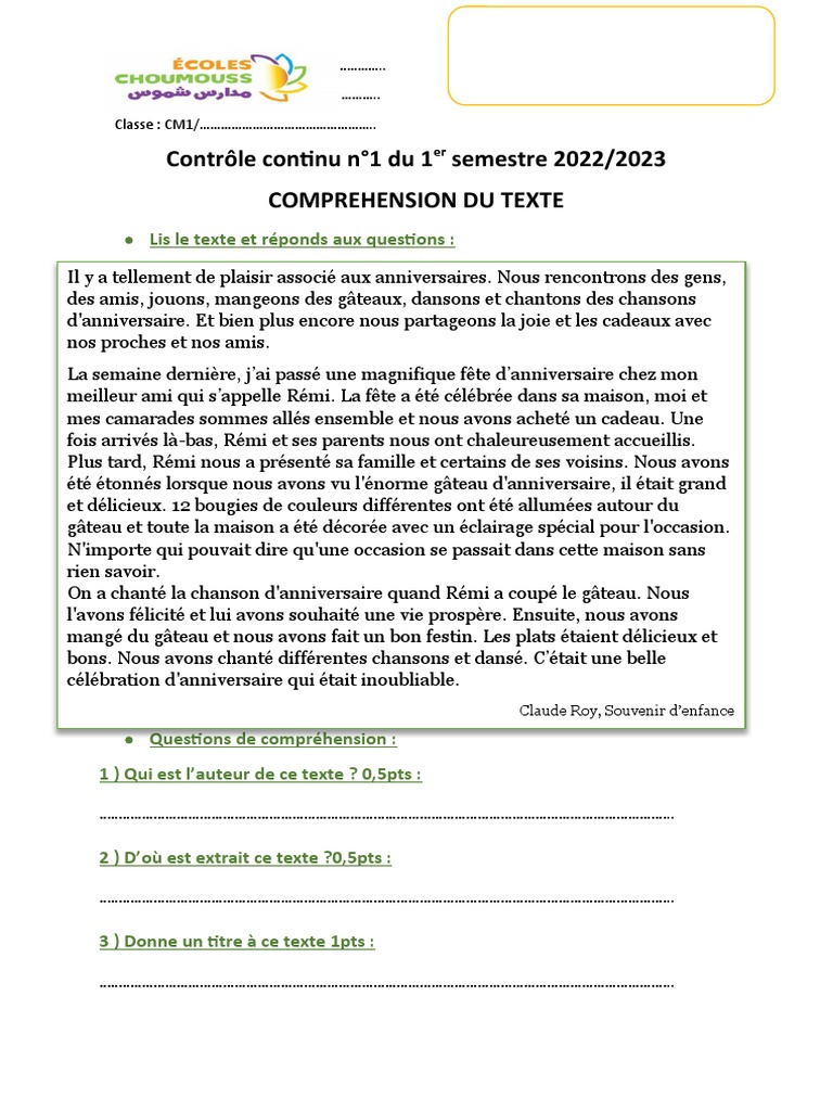 Compréhension de texte CM1 : Anniversaire | PDF | Maison et jardin