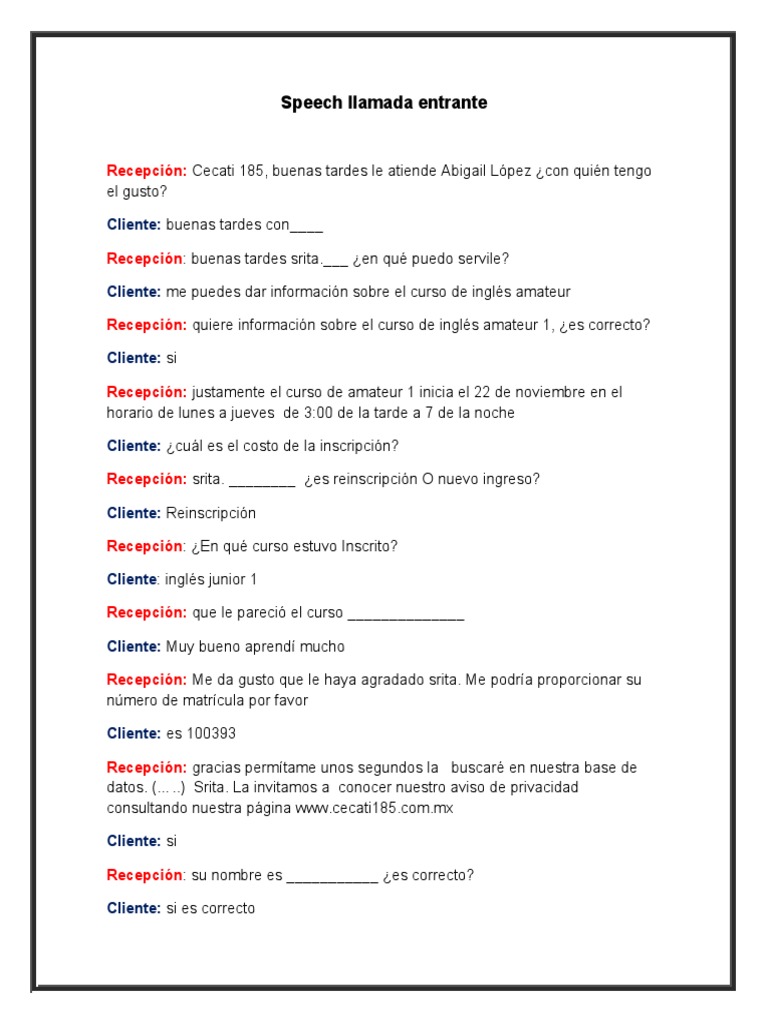 Speech Llamada Entrante 2 | PDF