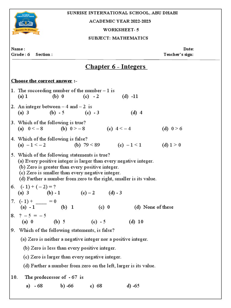 Worksheet 5 - Integers | PDF | Integer | Numbers
