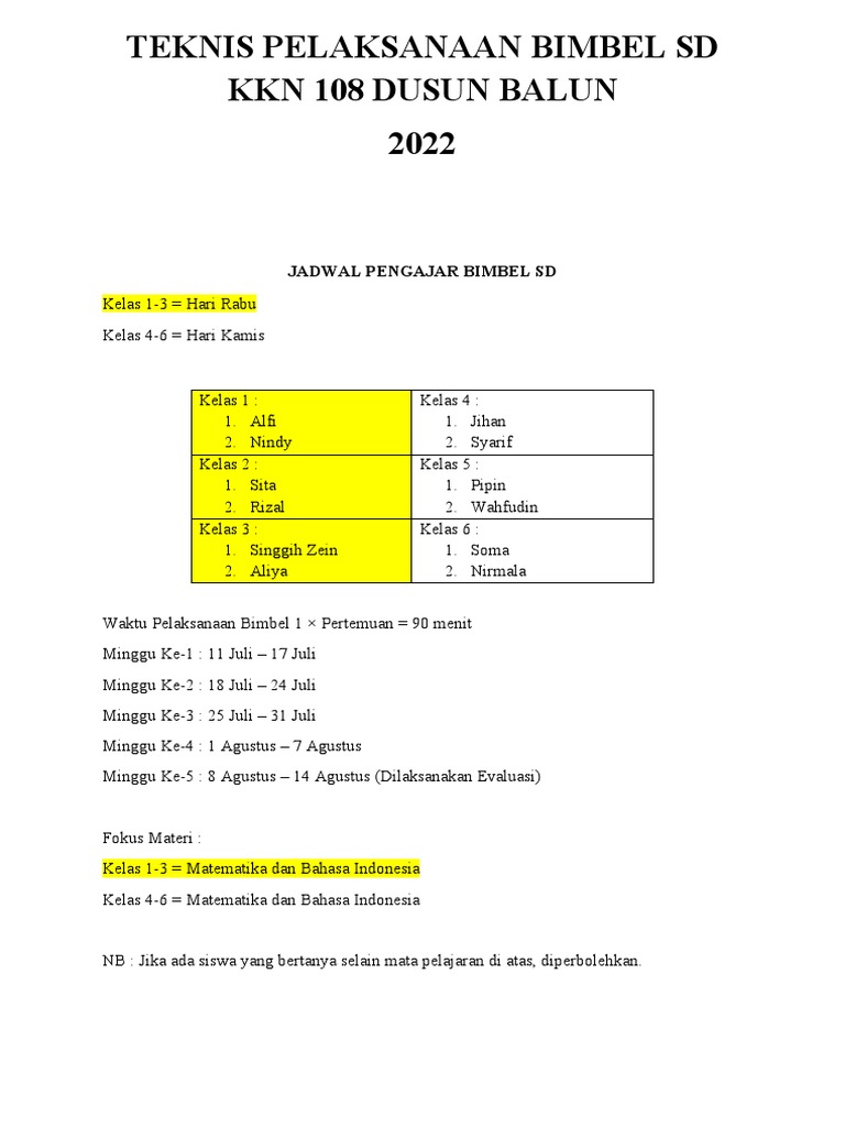 Teknis Bimbel KKN 108 Dusun Balun | PDF