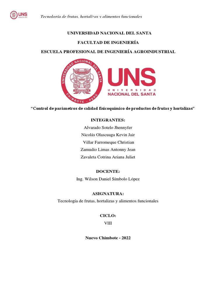 Informe de Control de Parámetros de Calidad Fisicoquímico de Productos de Frutas y Hortalizas ...