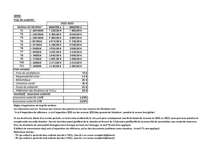 Tarifs IDHL 22-23 | PDF | Finance et gestion monétaire