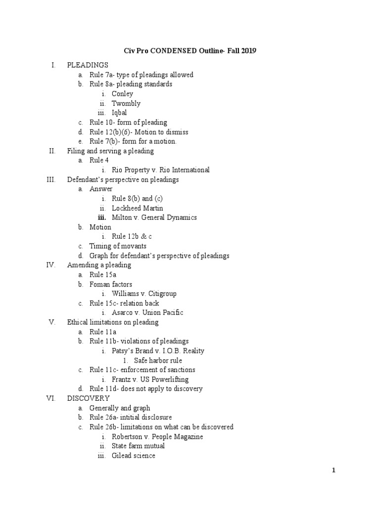 Condensed Outline - Civ Pro Fall 2019 | PDF | Discovery (Law) | Federal ...