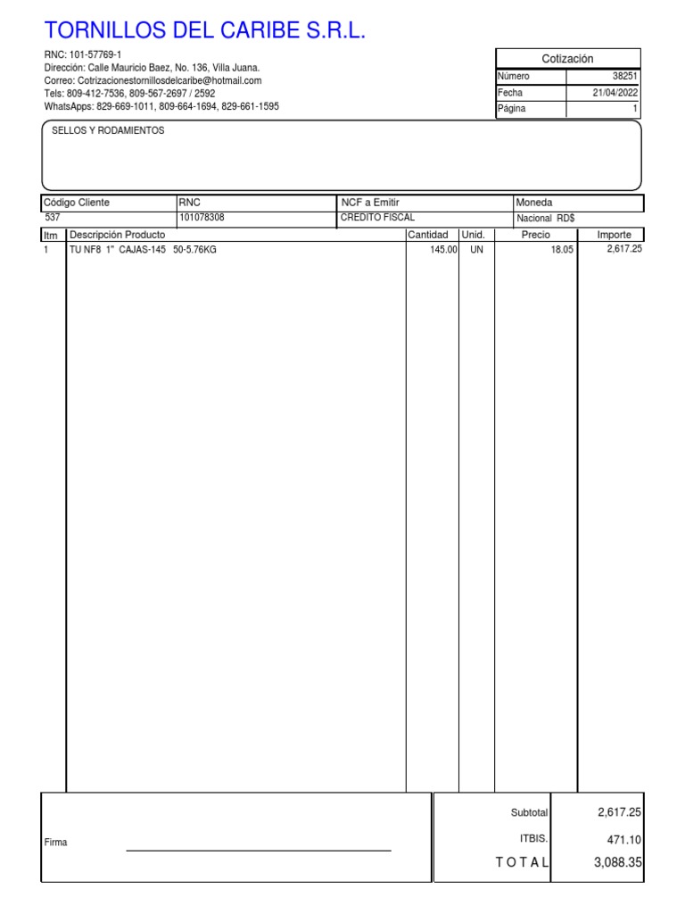 Tornillos Del Caribe S.R.L.: Código Cliente Moneda RNC NCF A Emitir | PDF