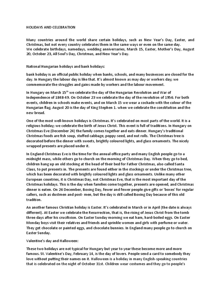 HOLIDAYS AND CELEBRATION - Angol Tétel | PDF | Christmas | Easter