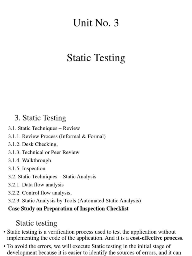 Unit 3 Static Testing Techniques | PDF | Software Testing | Software Bug