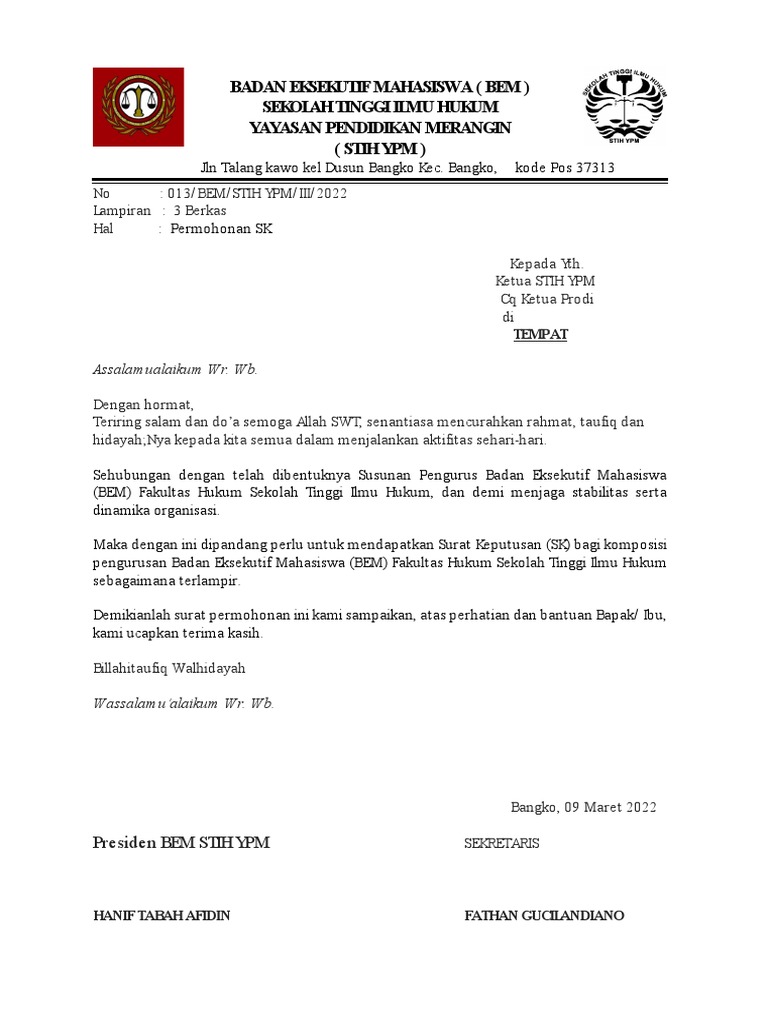 Surat - Permohonan SK Bem | PDF