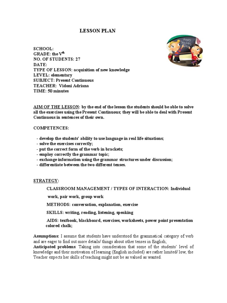 Lesson Plan Cls. V Present Continuous | PDF | Lesson Plan | Teaching Method