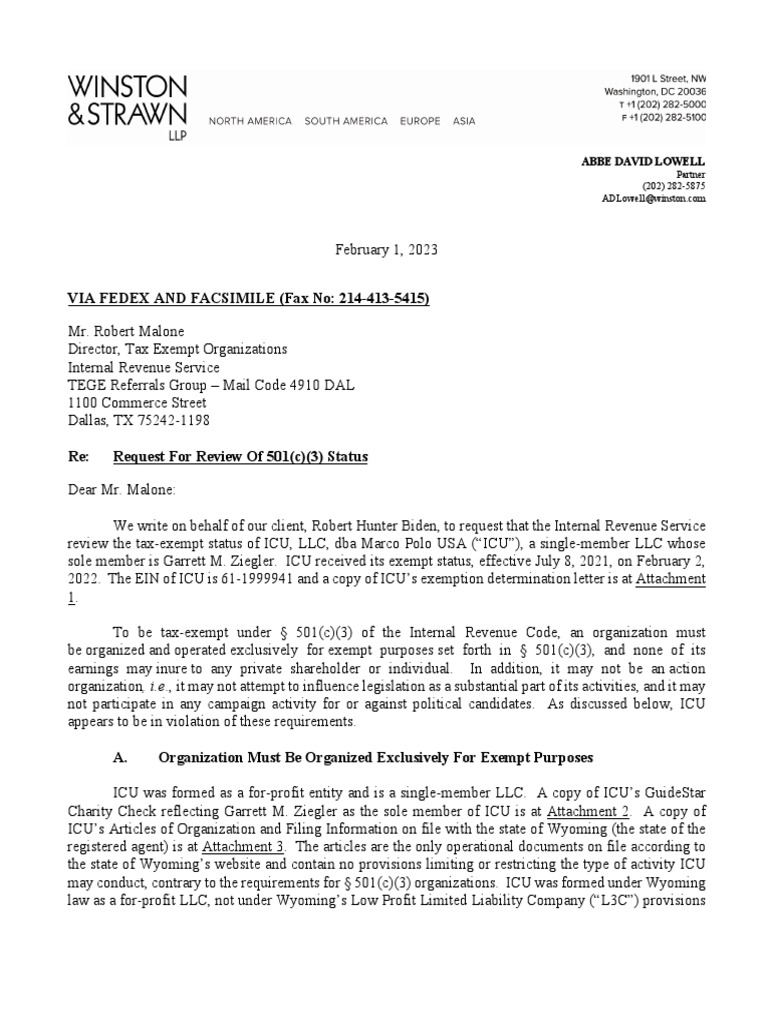 2023.02.01 Letter To IRS Re Request For Review of 501 (C) (3) Status ...