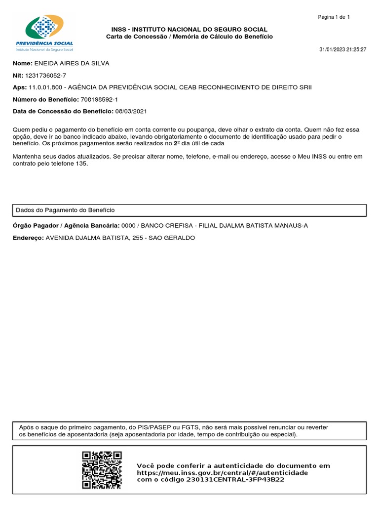 INSS-Carta de Concessão com detalhes do benefício concedido | PDF