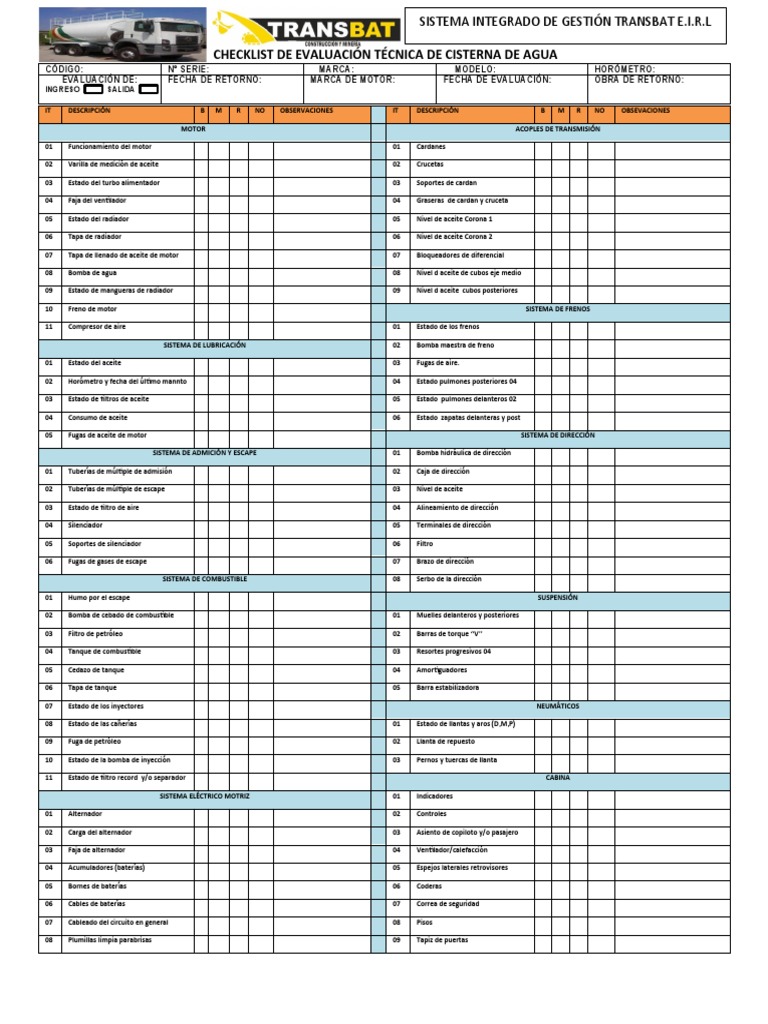 Checklist de Cisterna de Agua | PDF | Embrague | Vehículos terrestres