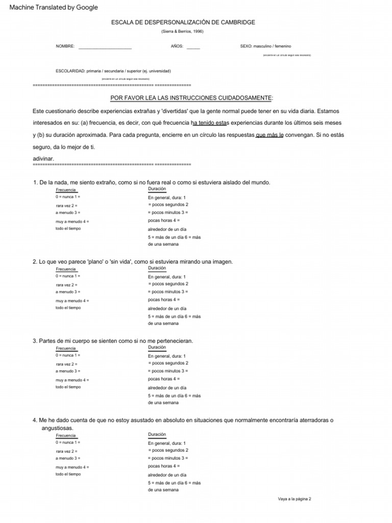 Cambridge Depersonalization Scale Plus Scoring Page | PDF | Experiencia ...