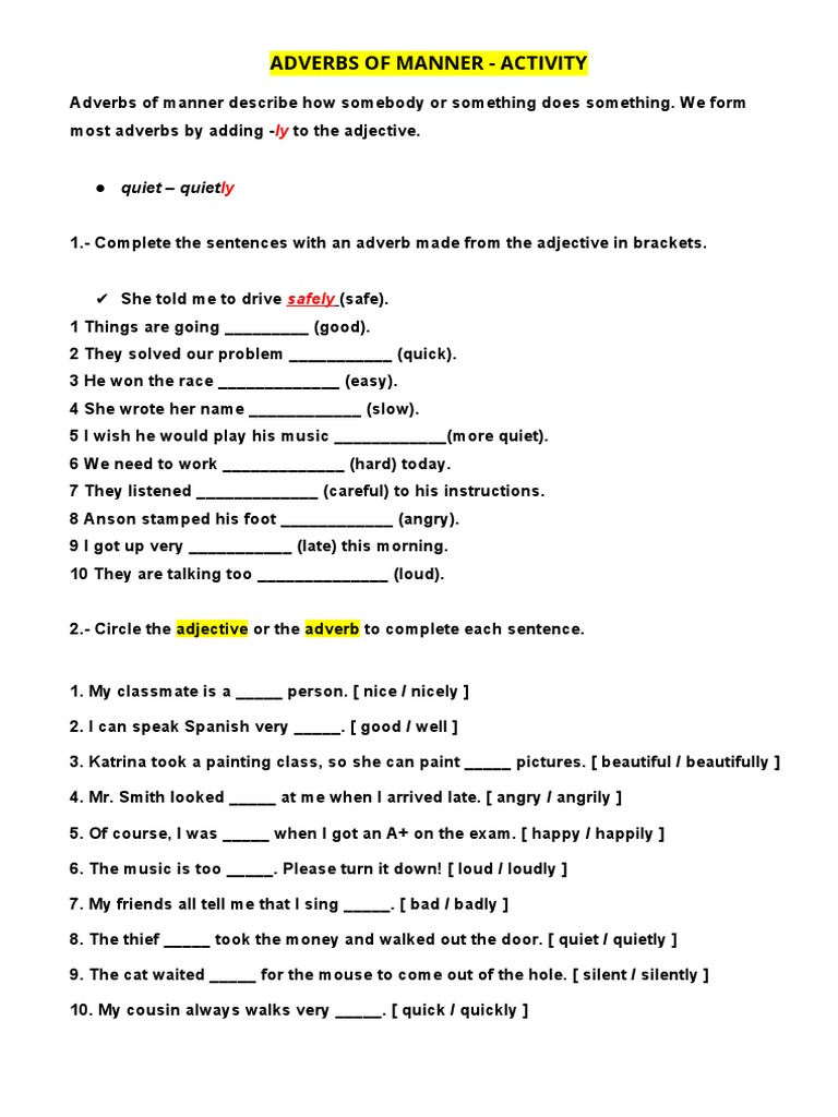 Adverbs of Manner - Activity | PDF