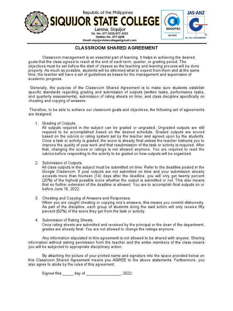 Setting Classroom Expectations: A Classroom Shared Agreement | PDF ...