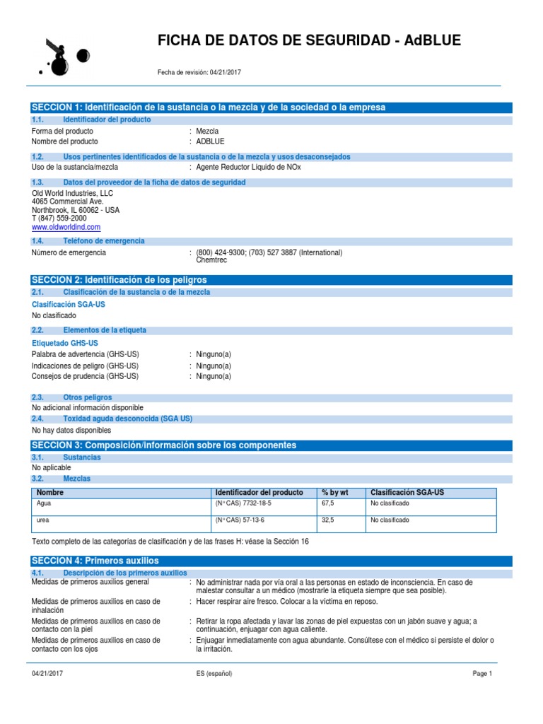MSDS Adblue | PDF | Agua | Residuos