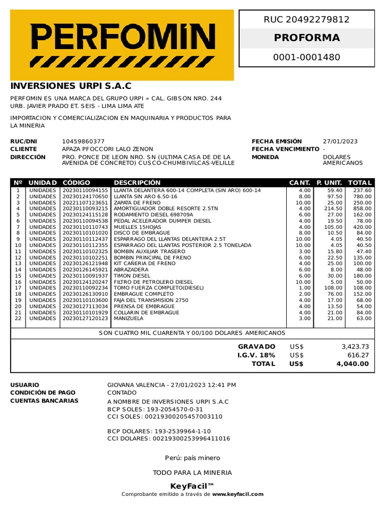 Proforma Repuestos 0001 - 1480 | PDF