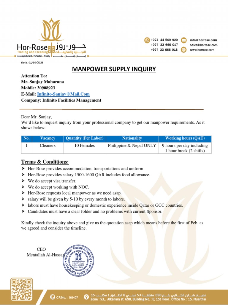Manpower Supply Inquiry - Hrtc0122 | PDF