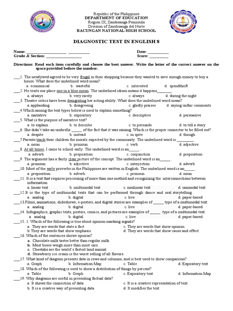 English 8 Diagnostic Test Guide | PDF | Infographics | Adverb