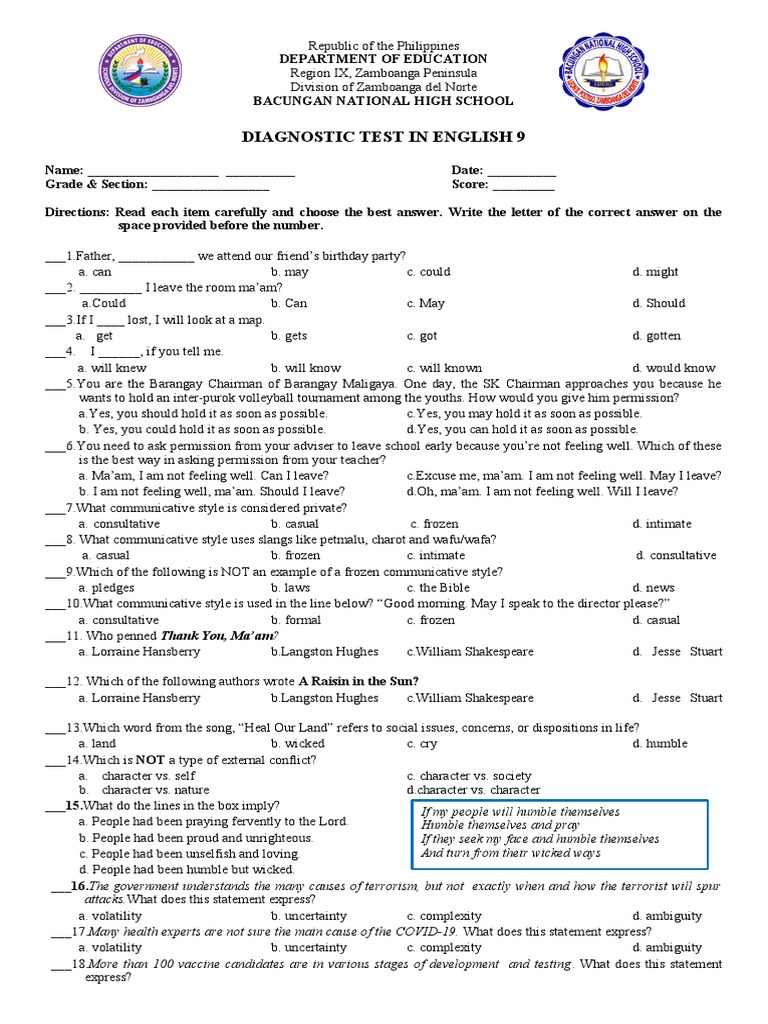 Diagnostic Test in English 9 | PDF