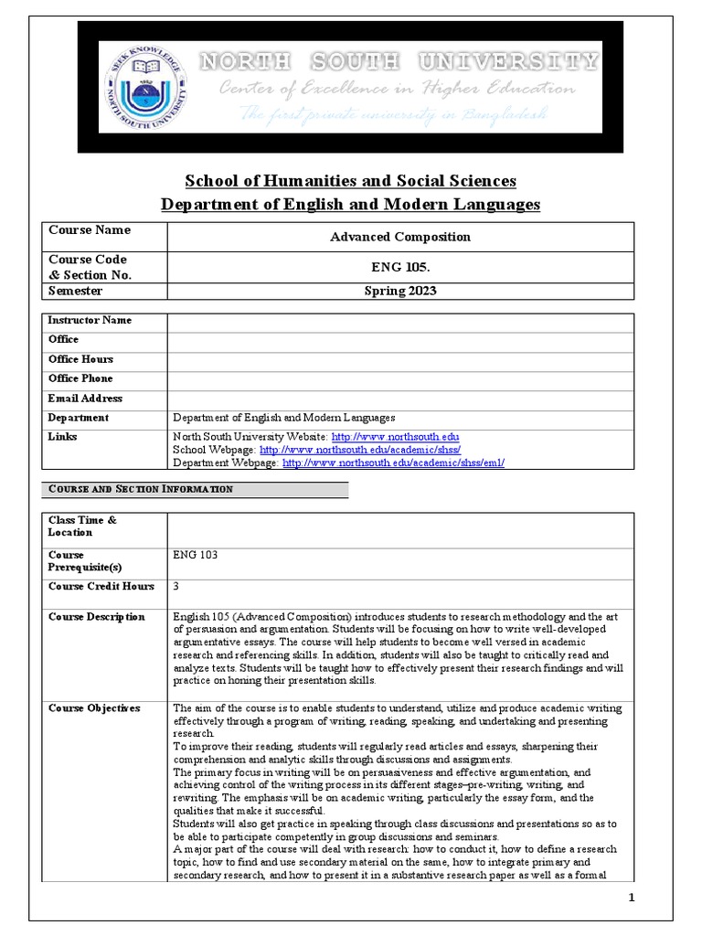ENG105 Course Outline Spring 2023 | PDF | Test (Assessment) | Essays ENG105 Course Outline Spring 2023 | PDF | Test (Assessment) | Essays