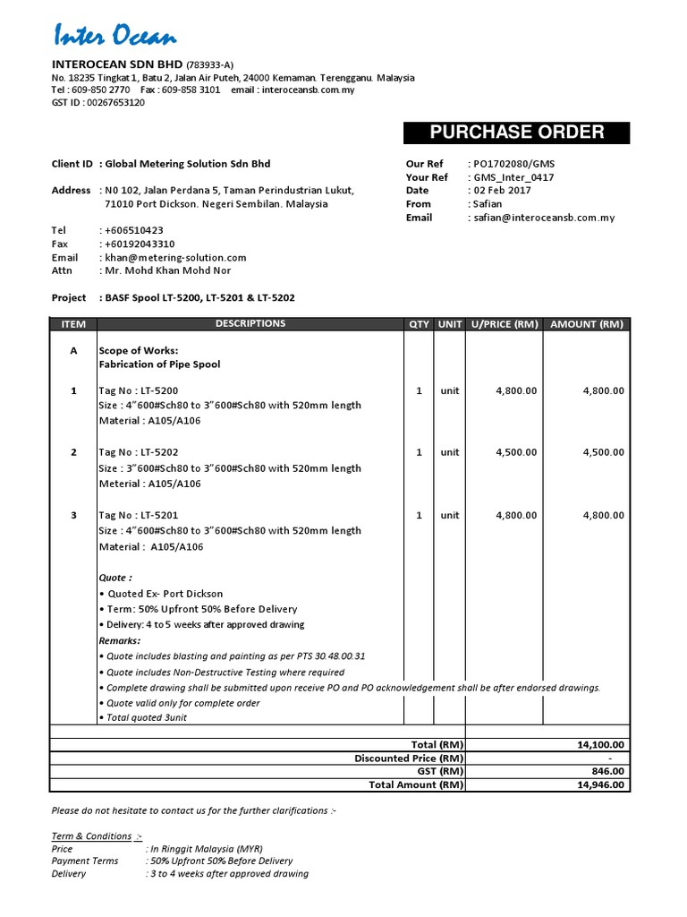 Purchase Order for the Fabrication of Three Pipe Spools for a BASF Project | PDF