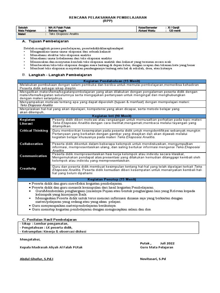4 - RPP 1 Lembar B.ing Kelas 11 | PDF