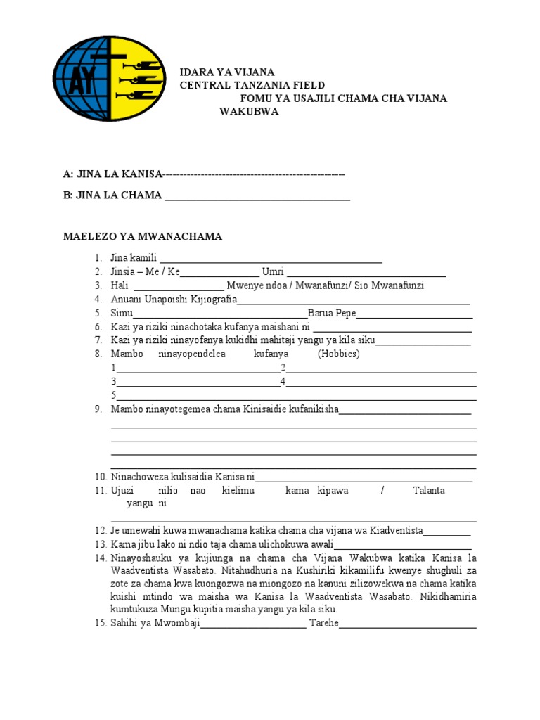 Form Ya Usajili Chama Cha Vijana Wakubwa Wa Ya - 2021 | PDF