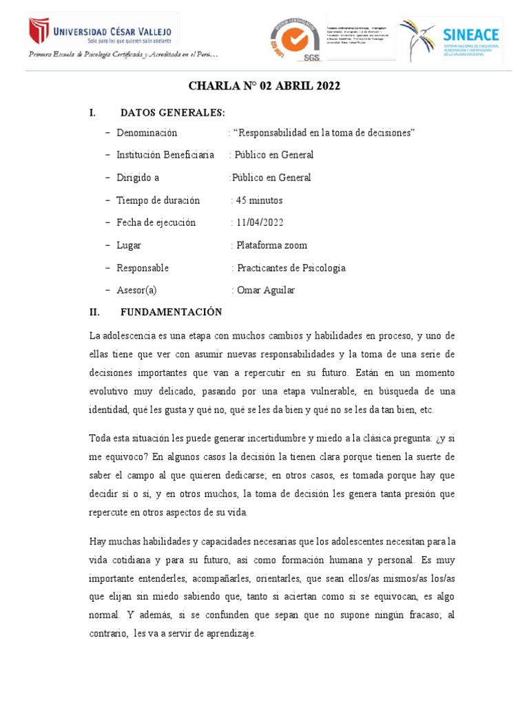 CHARLA 2 Responsabilidad en Toma D. | PDF | Aprendizaje | Toma de decisiones