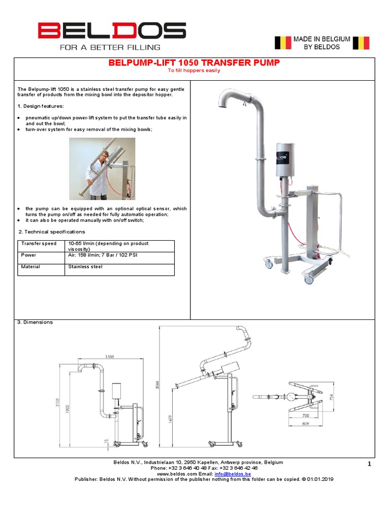 Beldos Belpump-Lift 1050 Transfer Pump - Spec Sheet | PDF | Pump | Gases