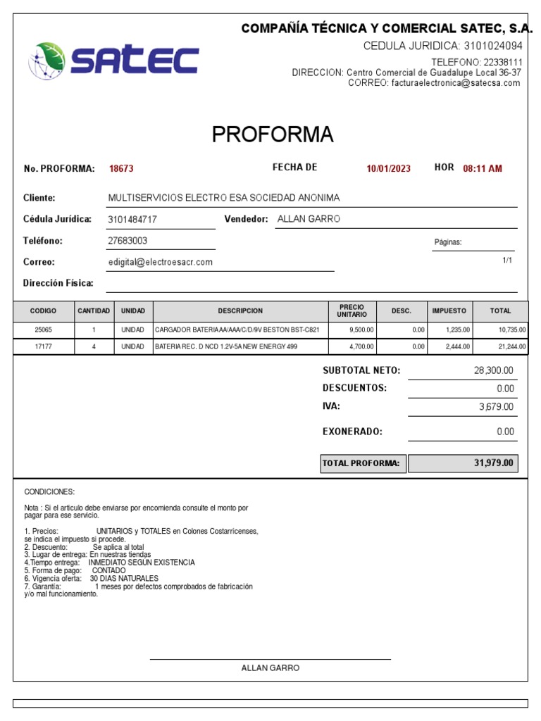 Proforma: Compañía Técnica Y Comercial Satec, S.A | PDF