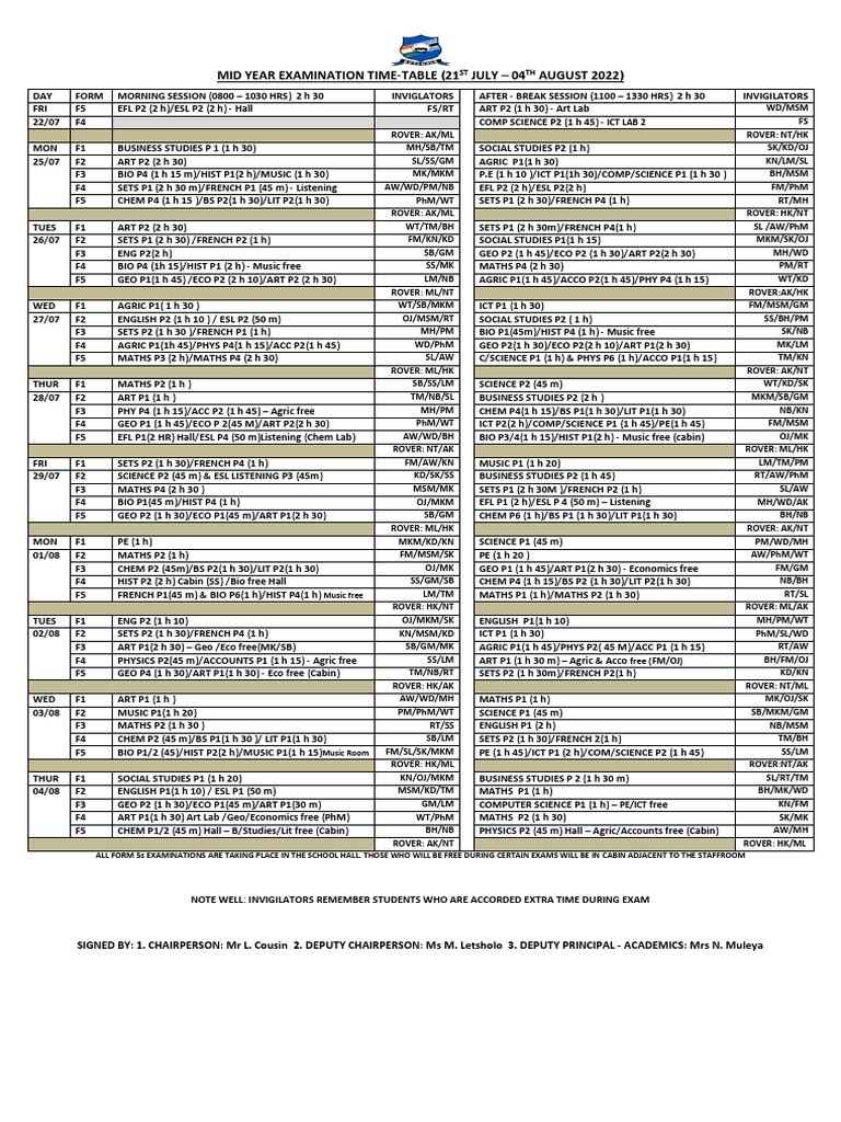 Mid Year Exam Timetable 2022 | PDF