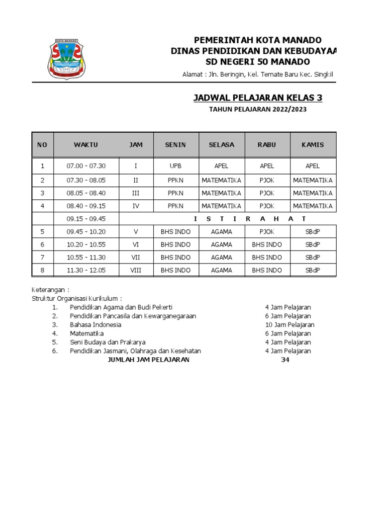 Jadwal Pelajaran Kelas 3 2023 Pdf