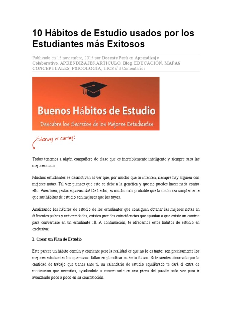 10 Hábitos de Estudio Usados Por Los Estudiantes Más Exitosos | PDF ...