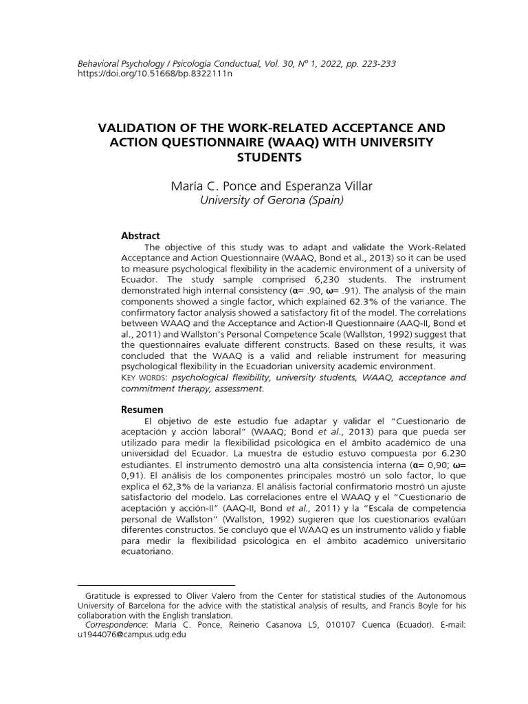 Validation of The Work-Related Acceptance and Action Questionnaire (Waaq) With University ...