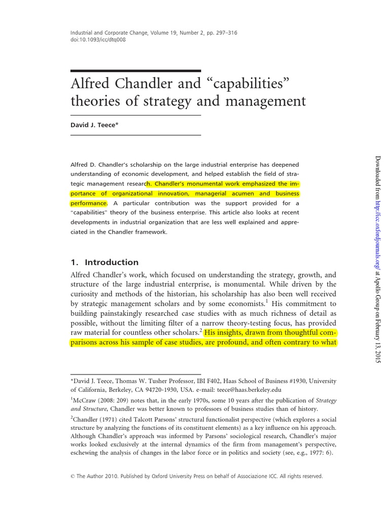 Teece, 2010 - Alfred Chandler and "Capabilities" Theories of | PDF ...