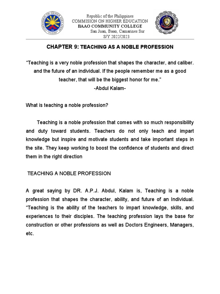 CHAPTER 9 - TEACHING AS A NOBLE PROFESSION (Values Education Major ...