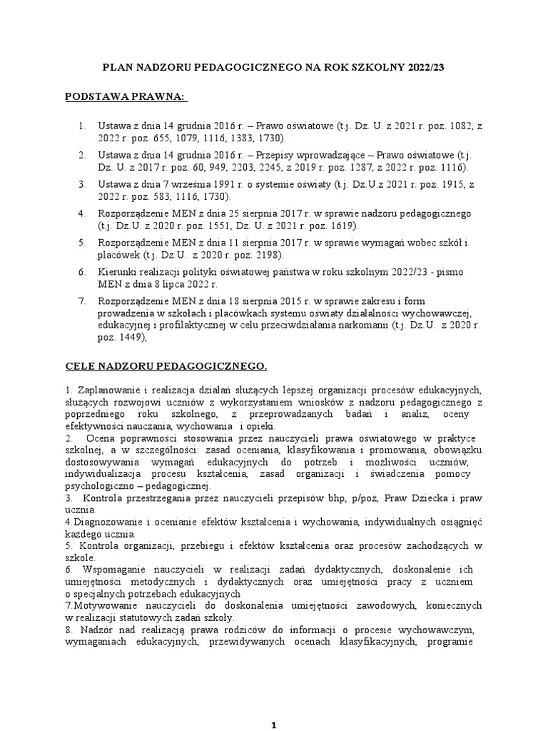Plan Nadzoru Pedagogicznego Na Rok Szkolny 2022 | PDF