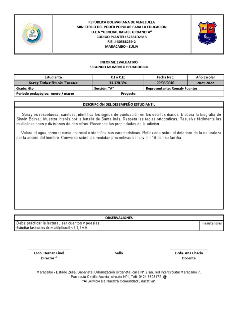 Formato de Boletin Primaria | PDF | Venezuela | Predicado (Gramática)