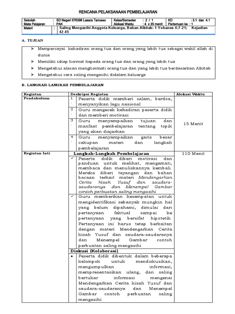 RPP Agama Kristen Kelas 2 SD Semester 1 | PDF | Sains & Matematika