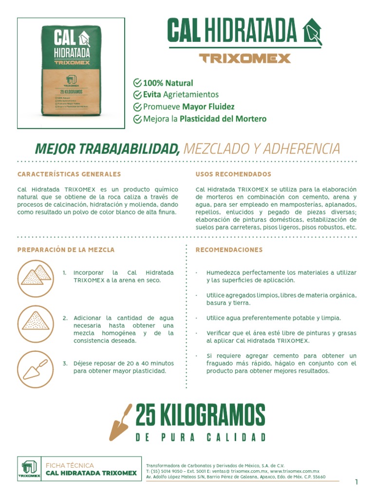 Ficha Técnica Cal Hidratada Trixomex | PDF | Cemento | Química