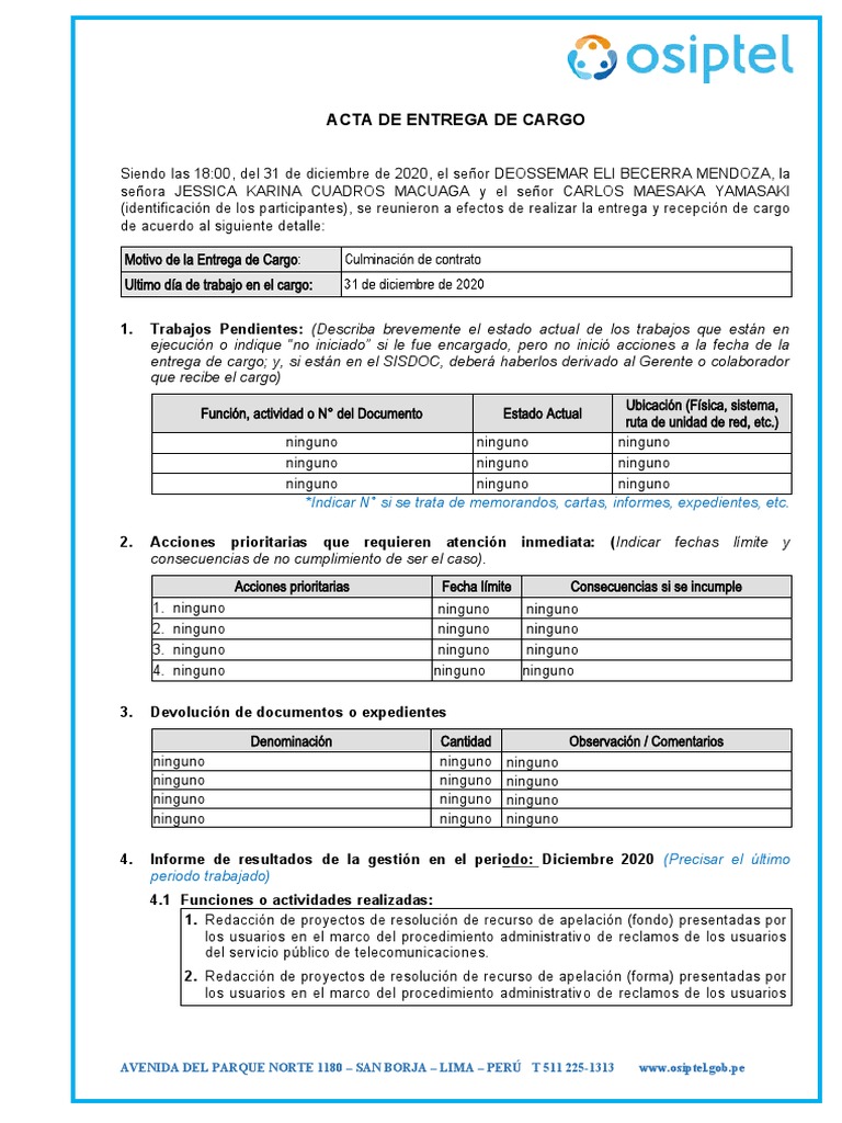 01 Anexo #1 Formato de Acta de Entrega de Cargo | PDF