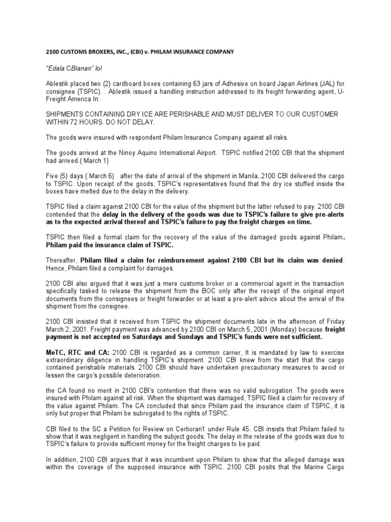 Customs Brokers V Philam Insurance | PDF | Cargo | Insurance